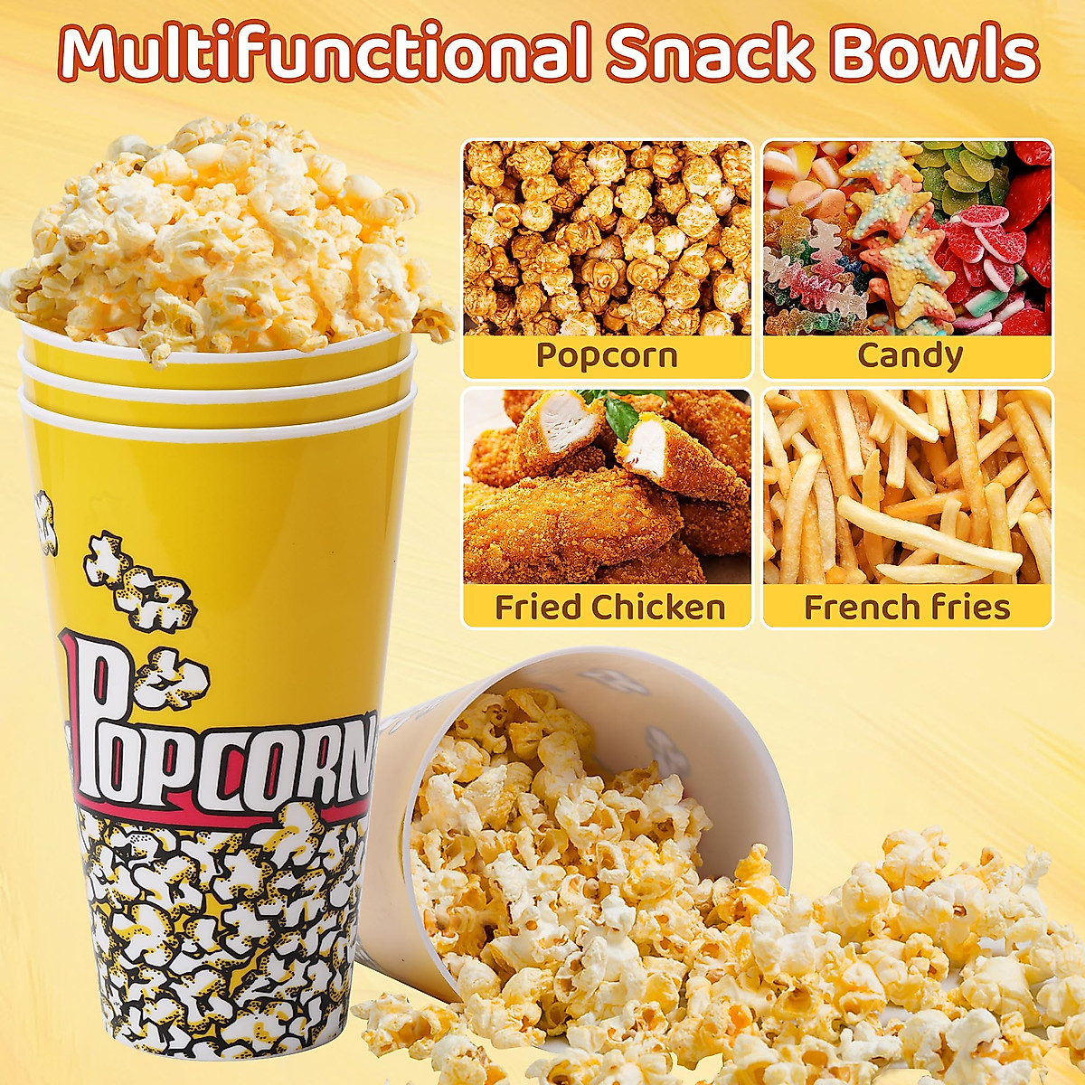 KORCCI Plastic Popcorn Containers 4Packs-Reusable Popcorn Bucket Retro Style for Movie Night, Classic Popcorn Bowl, 7.7"Tall x 4.4"Top Diameter,32oz