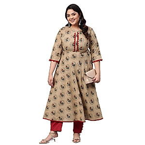 Yash Gallery Women's Cotton Blend Printed Anarkali Kurta (Beige)