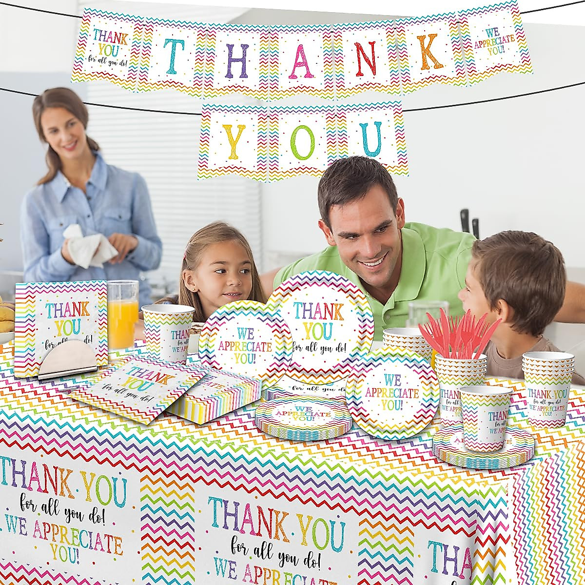 142Pcs Thanksgiving Paper Plates and Napkins Sets Thank You Party Decorations We Appreciate You Plates and Napkins Set with Cups Tablecloth and Banner Appreciation for Employee Teacher Doctor Parents