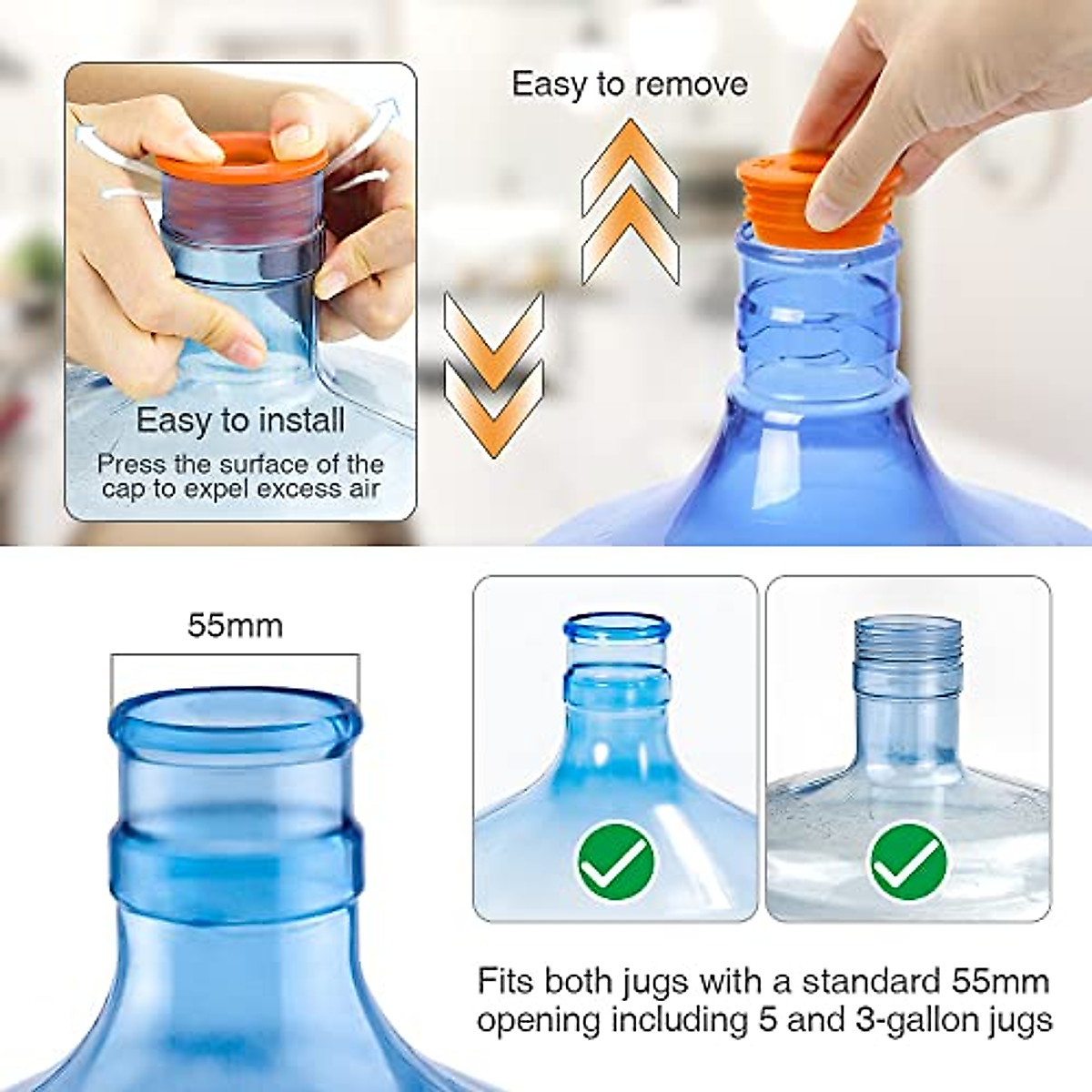 Sophico 5 Gallon Water Jug Cap, 55mm Water Bottle Caps, Silicone Reusable Bottles Lids Replacement, Non-Spill and Anti Splash (4 Pack, Orange)