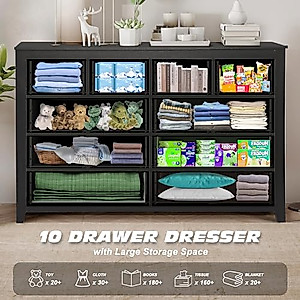 TITIMO 10 Drawer Dresser for Bedroom,Wood Chest of Drawers with Smooth Metal Rail,Large Dressers,Modern Bedroom Dressers with 10 Drawers Cabinet TV Stand (Black)