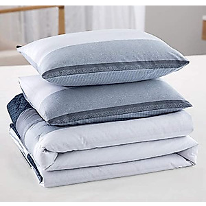 SLEEPBELLA Comforter Queen Size, 600 Thread Count Cotton Baby Blue and Navy Striped Patchwork Reversible Pattern Reversible Blue Comforter Set,Down Alternative Bedding Set 3Pcs (Queen, Blue Patchwork)