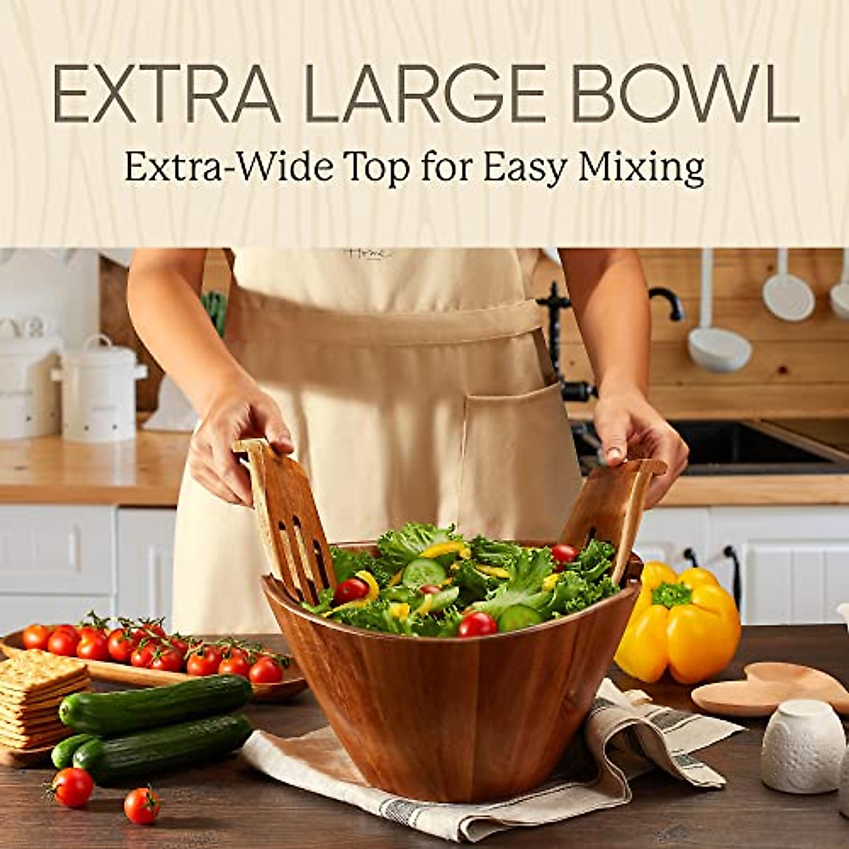 Wooden salad bowl set with serving forks mixing - magnetic serving utensils attached to large acacia wood bowl for 6-8 helpings - unique wood bowl - strong and leak proof with fabric bag