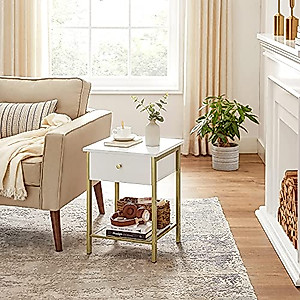VASAGLE White Nightstand with Drawer, Bedside Table, End Table with Open Shelf, Modern Style for Bedroom, White and Gold ULET512A10