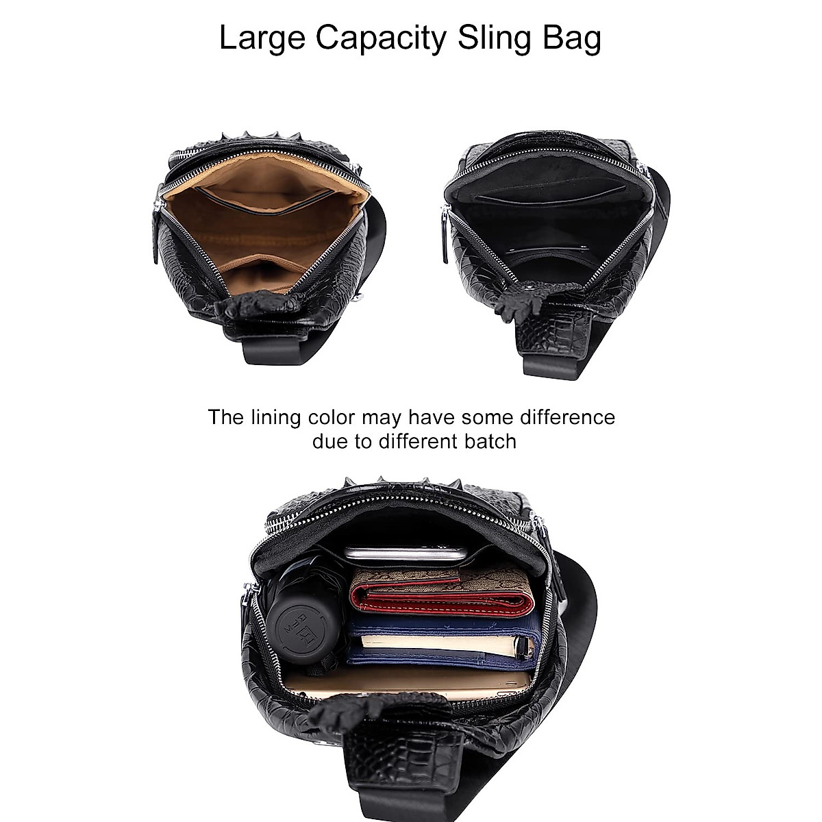 PIJUSHI Crocodile Leather Sling Bag for Men Crossbody Chest Daypack Bag(PE004 Black)