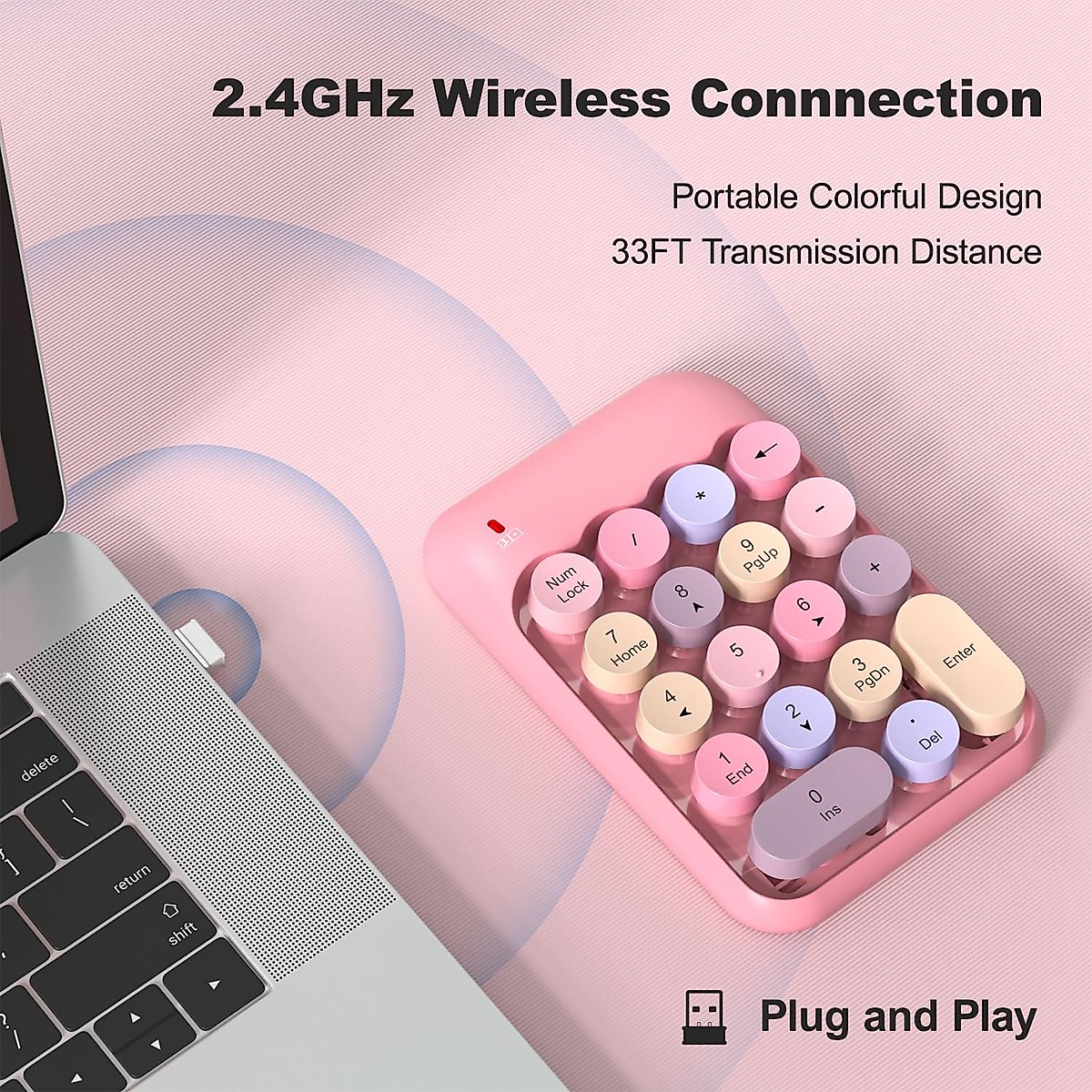 MOWUX Wireless Number Pads, Cute Colorful Numeric Keypad Numpad Portable 2.4 GHz Financial Accounting Number Keyboard Extensions, 18 Key Number Numpad for Laptop Desktop, PC (Pink)