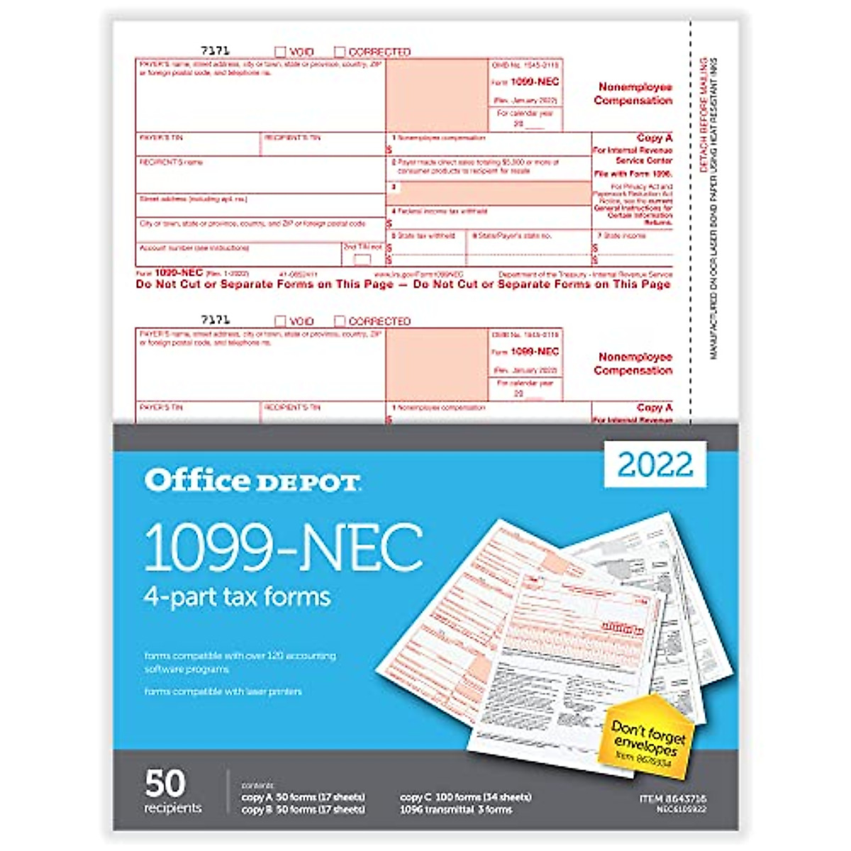 Office Depot® Brand 1099-NEC Laser Tax Forms, 4-Part, 3-Up, 8-1/2" x 11", Pack of 50 Form Sets