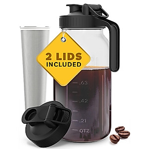 Cold Brew Coffee Maker with Heavy Duty Glass Body & 2 Lids - Iced Tea Machines with Stainless Steel Filter - Iced Coffee Maker - Cold Brew Mason Jar Pitcher with Flip Cap Lid (64 oz / 2 quart, Black)