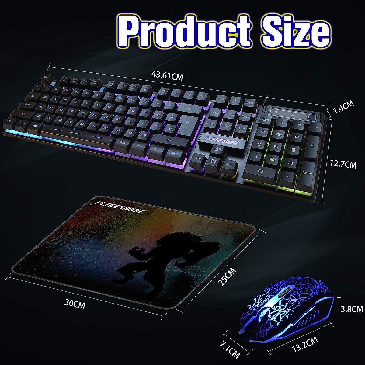 FLAGPOWER Gaming Keyboard and Mouse, Gaming Mouse Pad Combo, 3 Colors Changeable Backlit Mechanical Feeling Keyboard with 4 Colors Breathing LED Backlight Mouse for PC Laptop Computer Game and Work