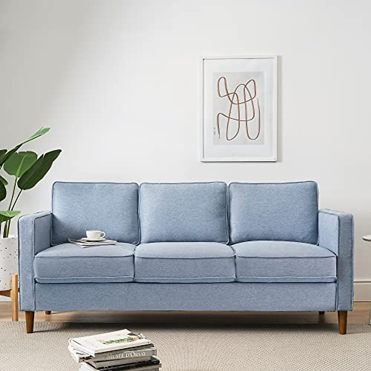 Mellow HANA Modern Linen Fabric Loveseat/Sofa/Couch with Armrest Pockets, Dusty Blue