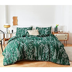 JANZAA Duvet Cover Queen Size,3 Pieces Floral Emerald, Botanical Green Duvet Cover,Microfiber Soft Bedding Set with Zipper Closure 4 Ties (2 Pillow Cases)