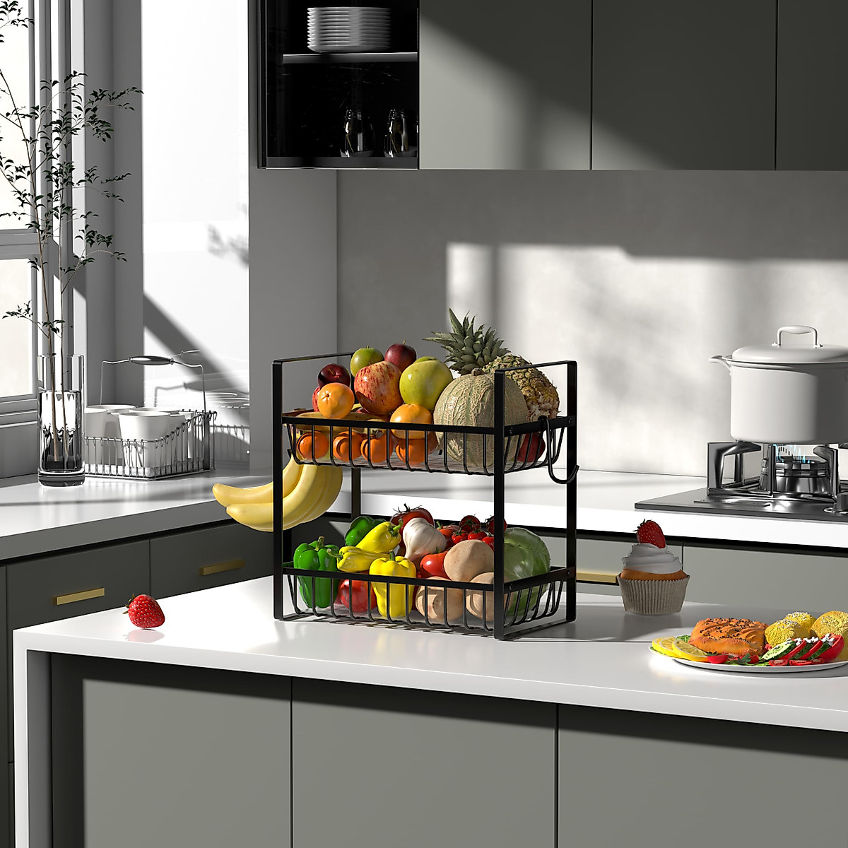 Webtrylics Fruit Basket for Kitchen Counter,Fruit Bowl,Countertop Organizer for Onion Bread and Snack Storage,Heavy Duty Metal Fruit Stand Holder with Liners (2 Tier)