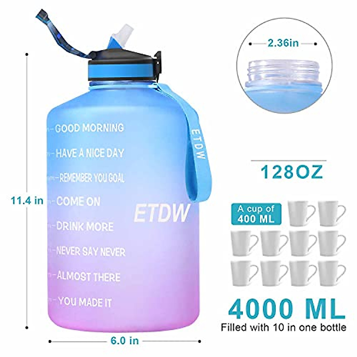 ETDW Gallon Water Bottle with Straw and Time Marker, 74oz BPA Free Gym Water Jug with Handle, LeakProof Pop Up Drinking Bottle for Fitness,Gym and Outdoor Sports