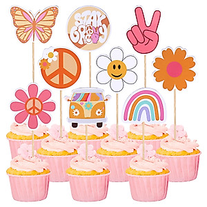 36 PCS Hippie Party Cupcake Toppers Peace Sign Hand Butterfly Two Groovy Cupcake Picks Dasiy Flower Bus 60s Retro Boho Cake Decorations for Hippie Two Groovy Carnival Theme 2nd Birthday Party Supplies