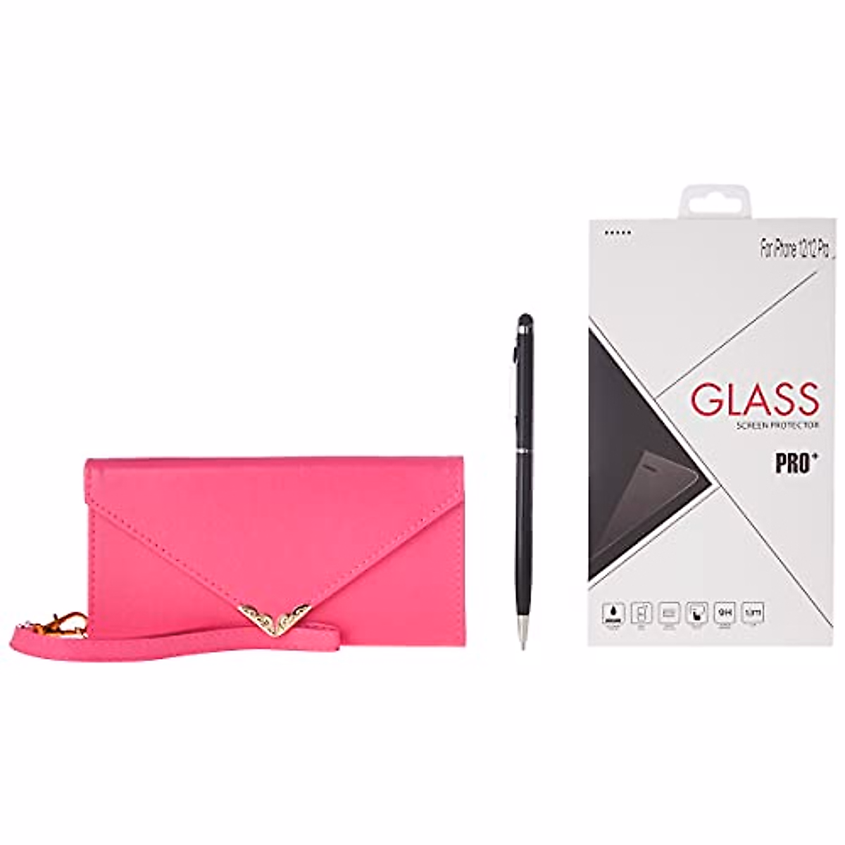 Glow Co, Ltd. 405-1-02 iPhone 12 with Strap, Multi-Functional Storage, Notebook Type Case, Magenta, Tempered Glass & Stylus Pen Included