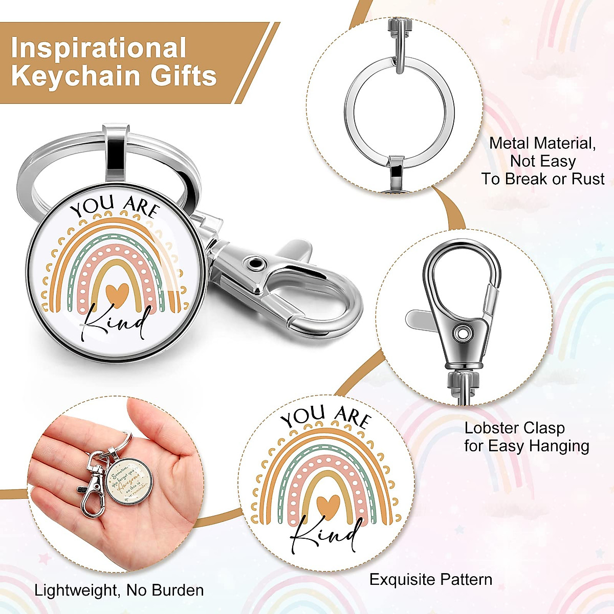 Roowest 20 Pcs Inspirational Gifts Rainbow Keychain Bulk Employee Appreciation Gifts Motivational Quote Key Ring for Women Team Nurse Coworkers