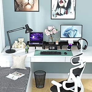 Aothia Desk Dual Monitor Stand Riser - Computer Stand For Desktop Monitor, Desk Shelf For Monitor, Wood Monitor Stand With Adjustable Length And Angle, Desktop Organizer, Large Monitor Stand (Black)