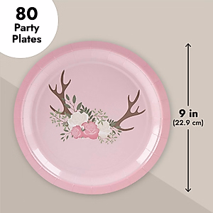 BLUE PANDA Disposable Plates - 80-Count Paper Plates, Bridal and Baby Shower Party Supplies for Appetizer, Lunch, Dinner, and Dessert, Floral Deer Pattern, 9 x 9 Inches