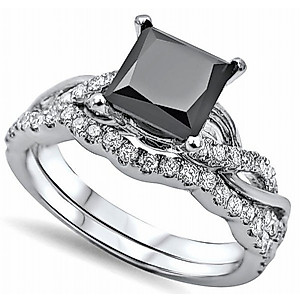 1.5 Ct Black Princess Cut Diamond Engagement Ring Bridal Set 10k White Gold
