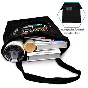 NANOOER Teacher Appreciation Gifts Canvas Tote Bag Black with Inner Pocket for Women Teacher Graduation Christmas, Reusable Grocery Bag