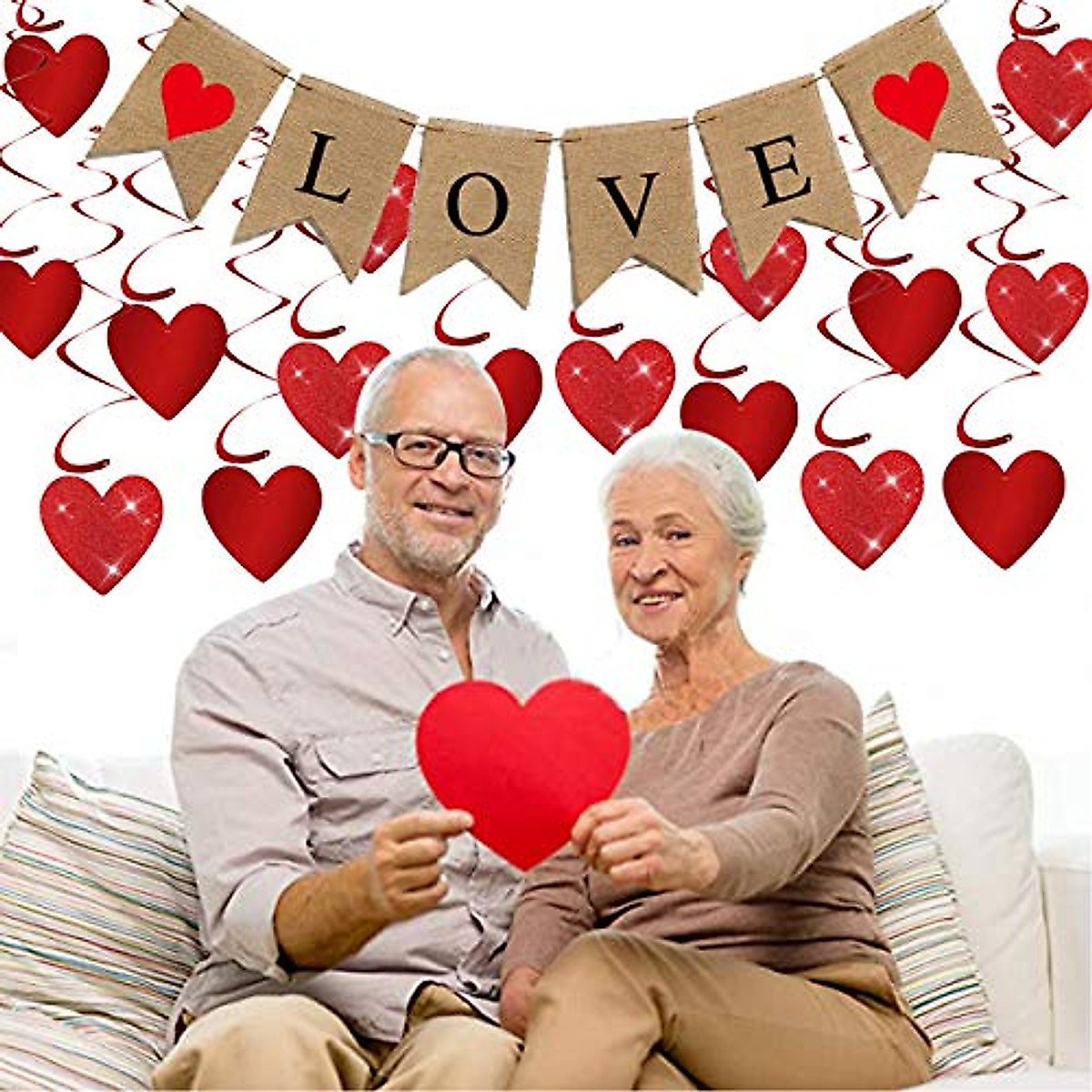 Mocossmy Valentine's Day Red Heart Hanging Decoration Set,Burlap LOVE Banner&16 Pack Glitter Red Heart Hanging Swirls Ceiling Streamers for Mother's Day Date Engagement Wedding Anniversary Party Supplies Decoration