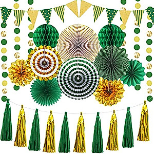 Green Gold Paper Fans Hanging Glitter Paper Triangle Flag Pennant Banner Tassel Garland Circle Banners Party Decorations for Bachelorette, Birthday Carnival, Engagement Wedding, Baby Bridal Shower