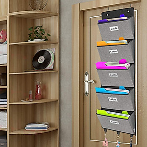 homyfort Over the Door File Organizer, Wall Hanging File Folders with 5 Large Pocket for Mails, Magazines, Back to School Supplies,Office Chart Storage, Paper Organization (Grey)