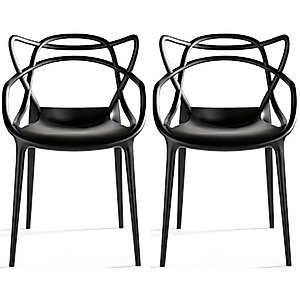 2xhome Set of 2 Black Stackable Contemporary Modern Designer Wire Plastic Chairs with Arms Open Back Armchairs for Kitchen Dining Chair Outdoor Patio Bedroom Accent Balcony Office Work Garden Home