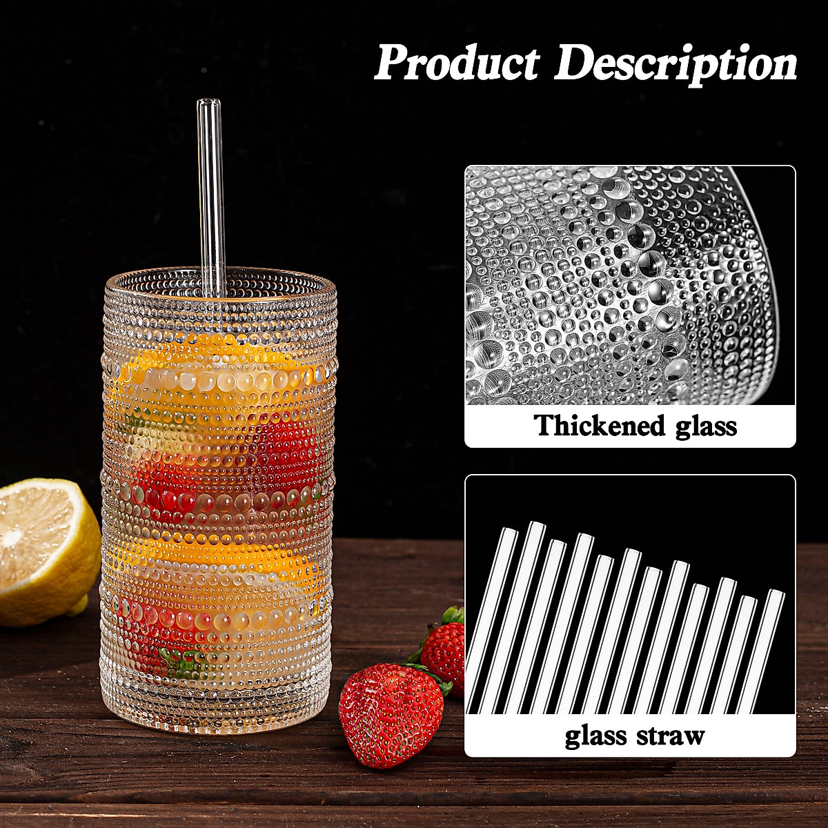 Dingerjar 2024 Upgraded Large Capacity 16 oz/480 ml Hobnail Glasses Drinking Set of 12 - Heavy Vintage Glassware