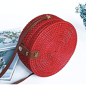 Handwoven Red Round Rattan Tote Crossbody Beach Style Circle Bag Wicker Purse