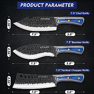 KITNATS 3Pcs Kitchen Knife Set, Hand Forged Butcher Knife Set - Chef Knife & Butcher Knife &Tactical Chopper Knife, Meat Cutting Cleaver Knife Set for Home Camping BBQ Ideal Gifts