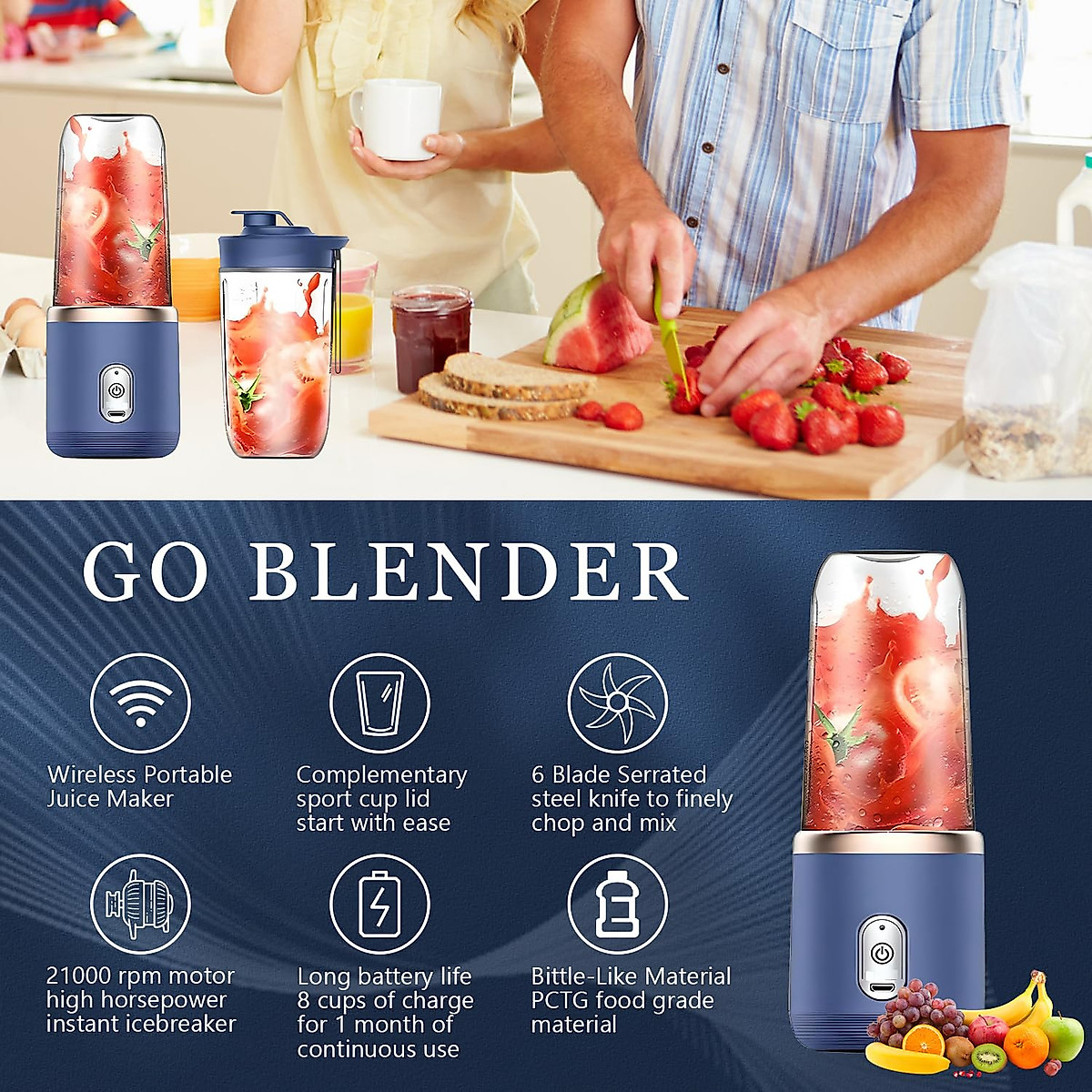 14 oz Portable Blender For Shakes And Smoothies,Rechargeable Mixers Fresh Fruit Juicers With Sports Lid, Usb Charging Blender For Travel,Sports,Outing,Ultra Long Endurance, blue