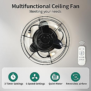 YITAHOME Low Profile Caged Ceiling Fans with Lights Remote Control, 15’’ Small Flush Mount Industrial Fan, Farmhouse Ceiling Fan with 3 Led Bulbs for Living Room, Bedroom, Kitchen, Dining Room, Black