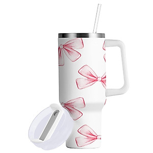 KEEPREAL 40 oz Pink Bow Tie Tumbler with Handle, Insulated Sports Water Bottle with Lid and Straw, Thermal Stainless Steel Travel Coffee Mug Cup