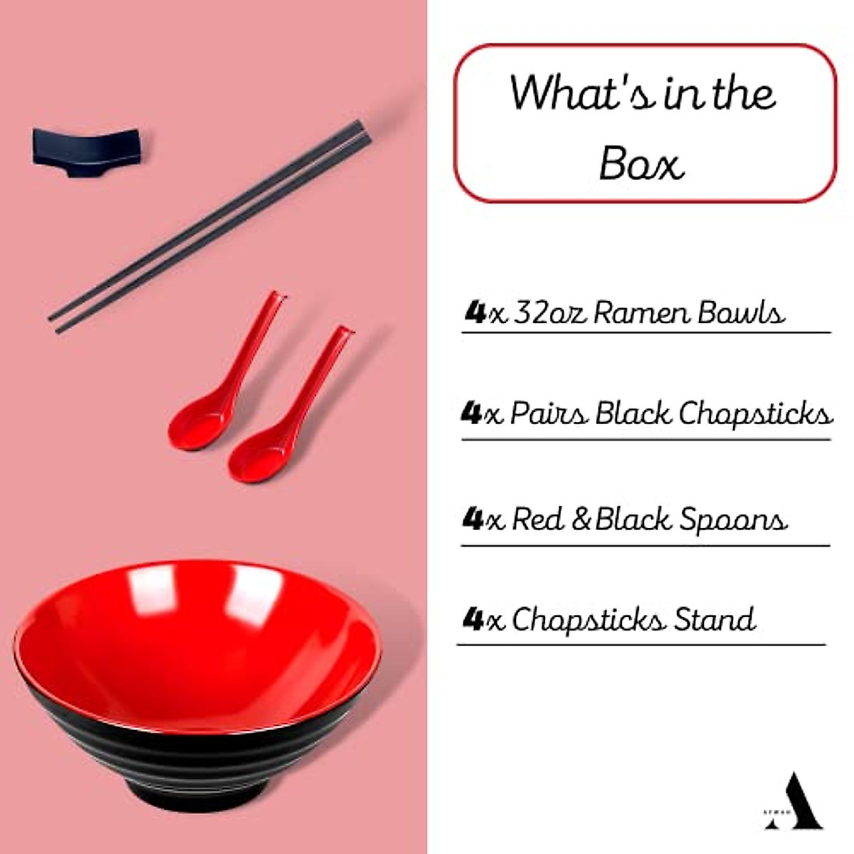 AFWAN Ramen Bowl Set of 4 32 OZ with Large Melamine Bowls Spoons Complete Dinnerware Set with Chopsticks long-lasting Japanese style