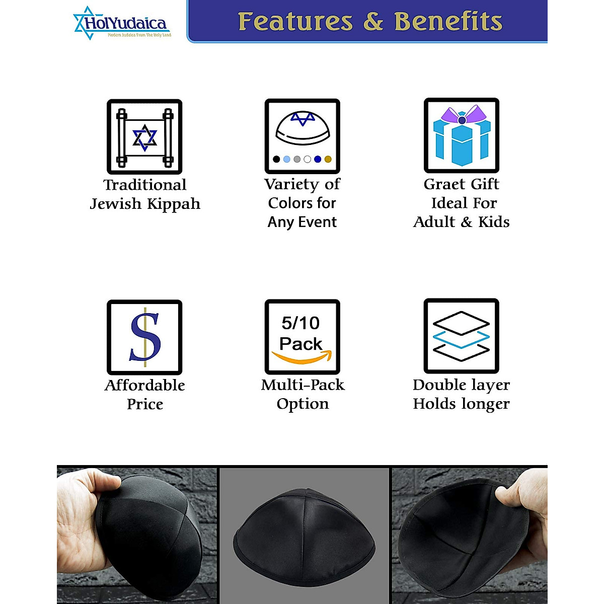 HolYudaica Pack of 5-Pcs - Hq 18/19/20CM Satin/Linen Kippah for Men & Boys, Yamaka Hat Designed in Israel - Kippot Bulk (Black, Satin)
