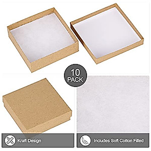 Cardboard Jewelry Boxes 10 Pack - 3.5"x3.5"x1" Bulk Cotton Filled Small Gift Boxes with Lids for Jewelry Packaging (Kraft)