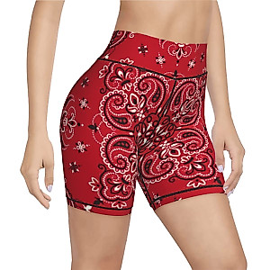 Red Bandanna Paisley Women's High Waist Bike Shorts for Workout Sports Athletic Running Hiking Biker Yoga Gym XL Size