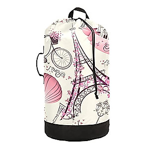 Romantic Travel In Paris Laundry Backpack Bag with Drawstring Closure Waterproof Laundry Bag Laundry Hamper Clothes Storage for College Travel Laundromat Apartment