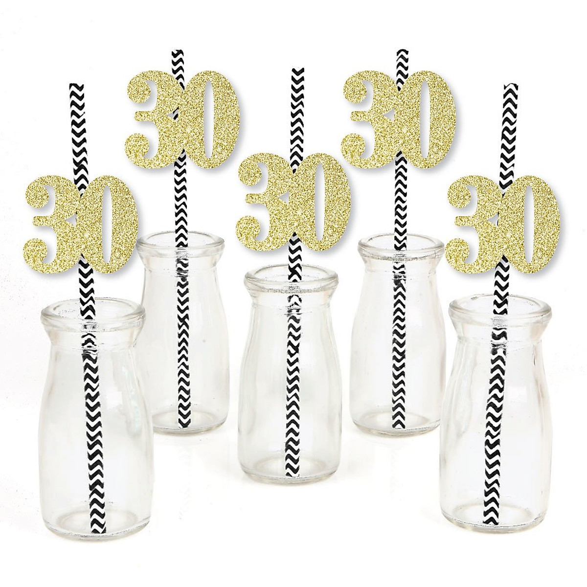 Gold Glitter 30 Party Straws - No-Mess Real Gold Glitter Cut-Out Numbers & Decorative 30th Birthday Party Paper Straws - Set of 24