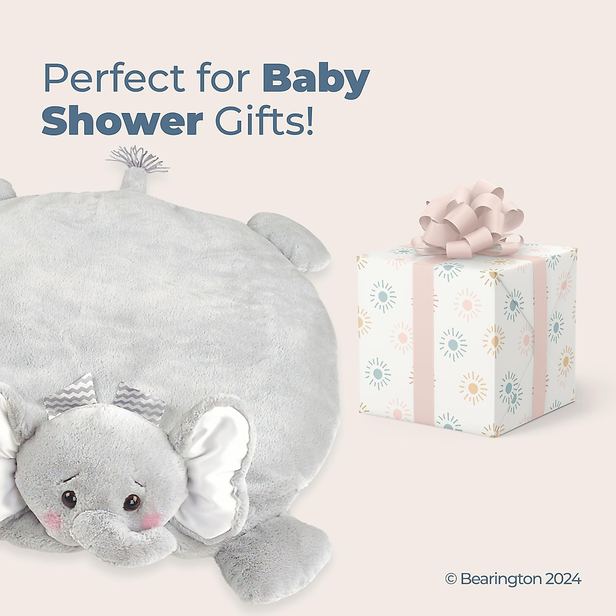Bearington Baby Lil’ Spout Play Mat: 30” x 30” Plush Elephant Belly Blanket and Play Mat, Includes Soft Plush Fur and Adorable Bow, Perfect for Infants and Toddler Floor Time, Great