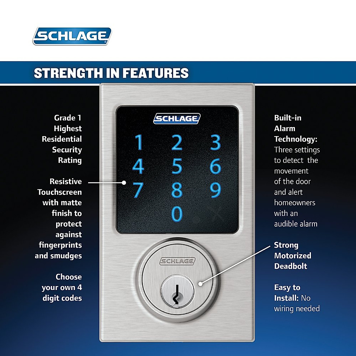 Schlage Z-Wave Connect Century Touchscreen Deadbolt with Built-In Alarm, Satin Chrome, BE469 CEN 626, Works with Alexa via SmartThings, Wink or Iris