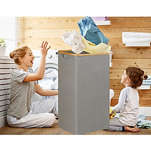 YCJYZLF Large Laundry Hamper with Lid and Bamboo Handles,Tall Collapsible Laundry Basket with Lid and Removable Laundry Bag,Foldable Clothes Hampers for Laundry,Bedroom,Dorm,Towels,Toys (100L,Grey)