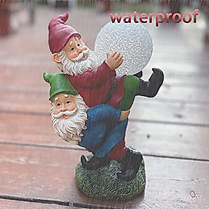 Raywer Solar Powered 2 Gnomes Playing with Ball , Decorated Solar Light, Garden Decorations Statues , Garden Light Decor for Lawn Ornaments, Resin Garden Figurines (2 Gnomes with a Glass Ball)