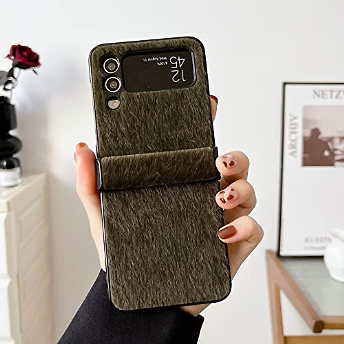 Case for Samsung Galaxy Z Flip 3 5G with Hinge Protection,Shockproof 180°Folding Fluffy Plush Cover Classic Design Premium Full Protection Case Compatible with Samsung Galaxy Z Flip 3 5G(Green)