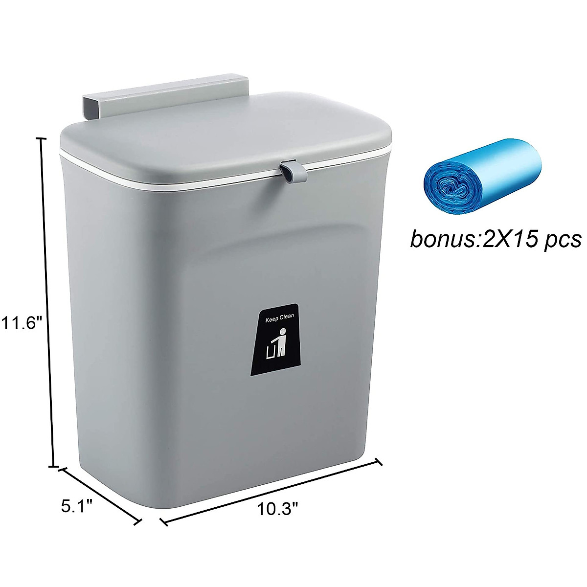 Lunies 2.4 Gal Compost Bin/Hanging Small Trash Can with Lid for Kitchen Cabinet Door/Counter Top/Under Sink/Bedroom/Bathroom/Cupboard Grey