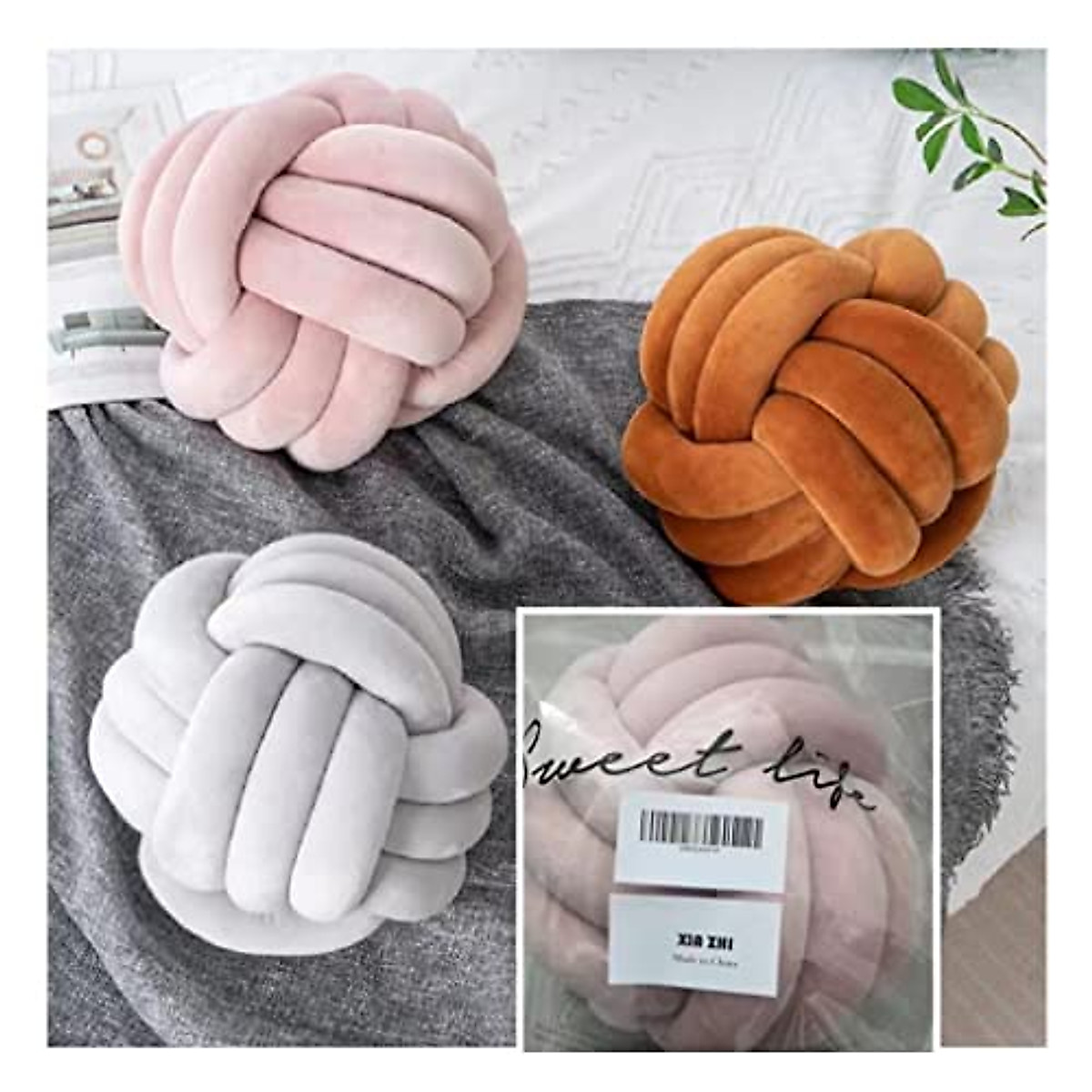 XIA ZHI Handmade Velvet Knot Ball Plush Throw Pillow -Elegant Cozy Toy Gift Home Bedroom Couch Office Sofa Decoration 8.66 inch (Light Grey)