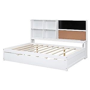 BOVZA Wooden Full Size Daybed with Twin Trundle, USB Ports, Storage Shelves, Blackboard, Cork Board, White