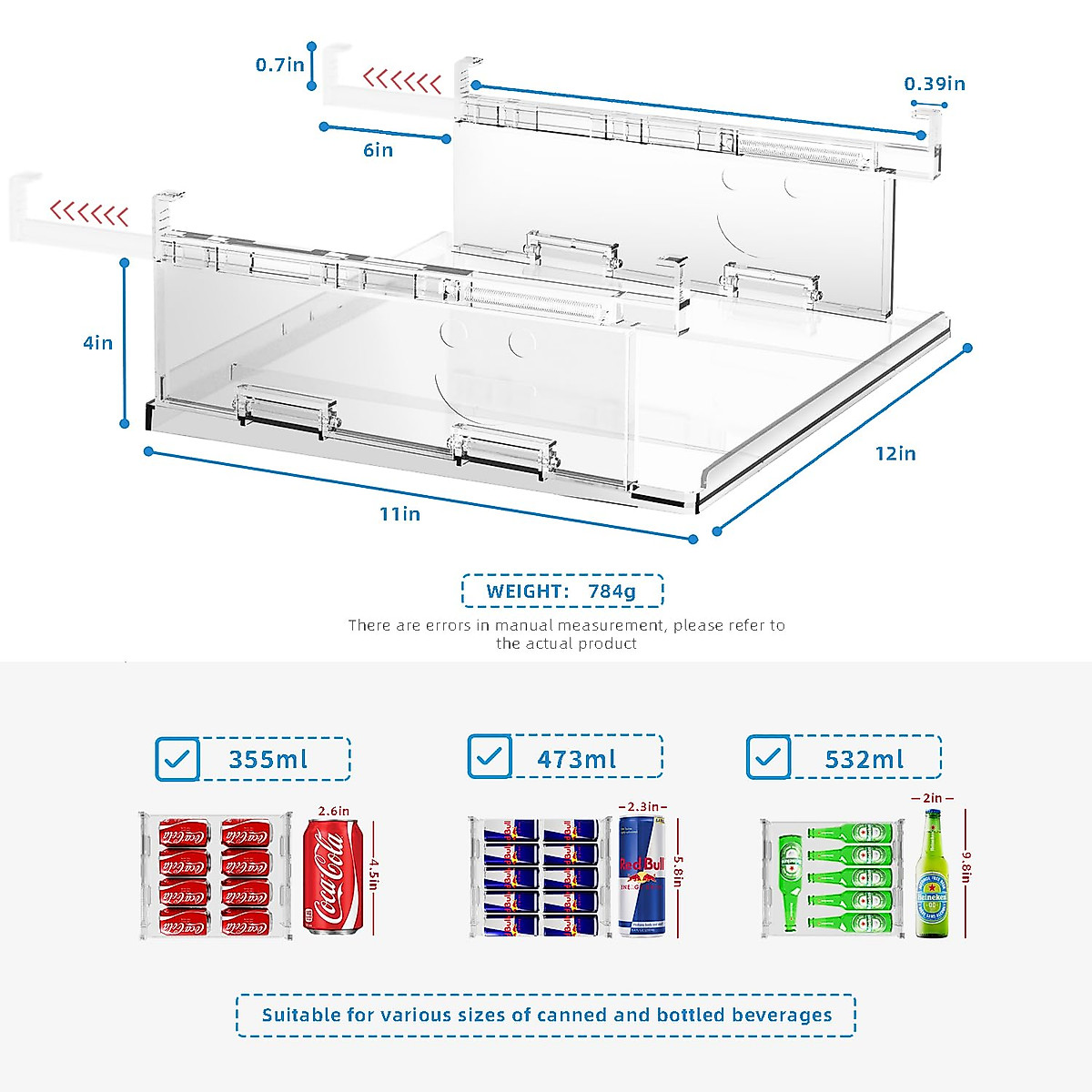 KOUPA Hanging Soda Can Dispenser for Refrigerator, Automatic Rolling Drink Organizer Holder for Fridge, Foldable Bottle Organizer Storage for Various Beverage Vegetables Fruits