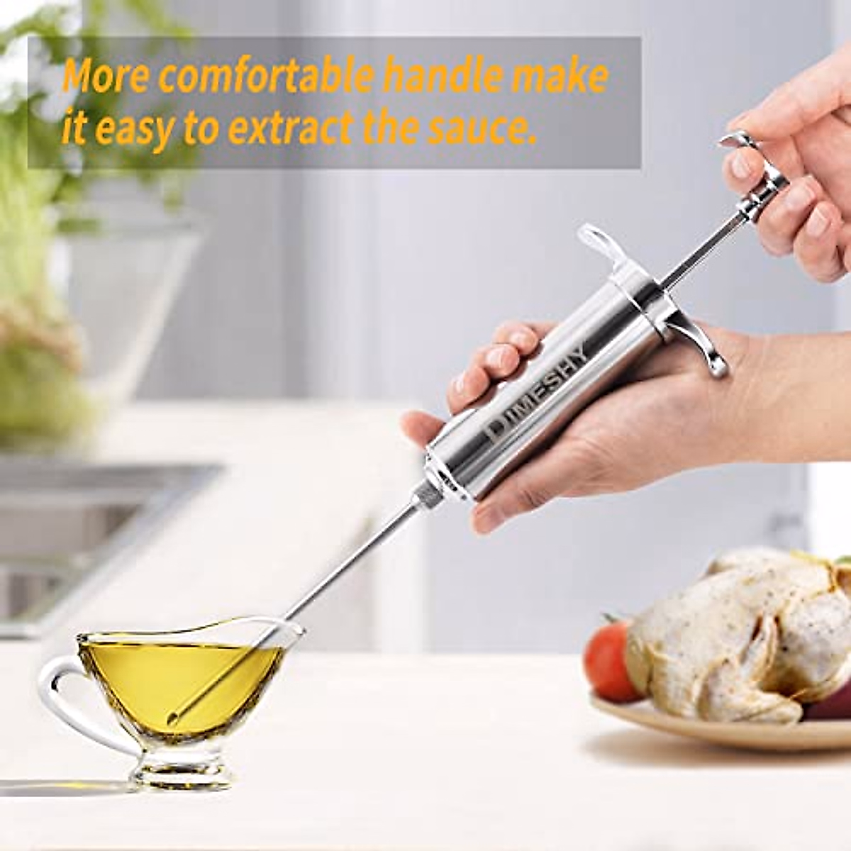 Heavy duty 304 Stainless Steel Meat Injector Kit with 2-oz Large Capacity Barrel with 3 commercial Marinade Needles